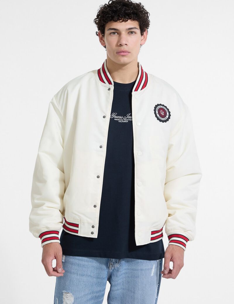Shop GUESS Embroidered Patch Varsity Jacket, White | GUESS KSA